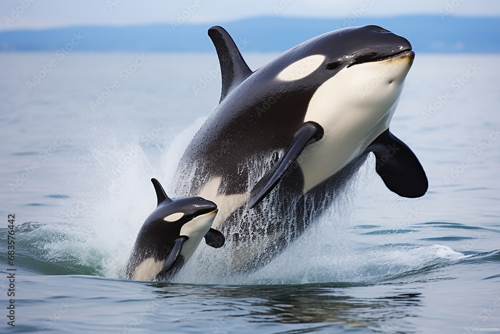 Female Killer Whale (Orcinus Orca) with Calf Breaching - Created with ...