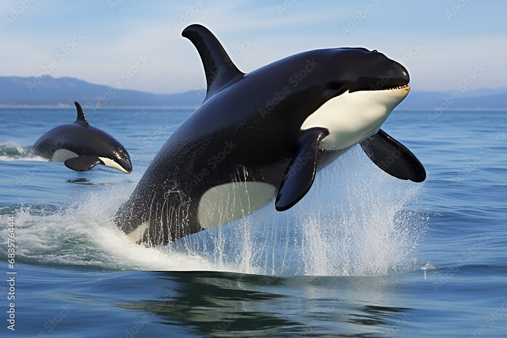 Female Killer Whale (Orcinus Orca) with Calf Breaching - Created with ...