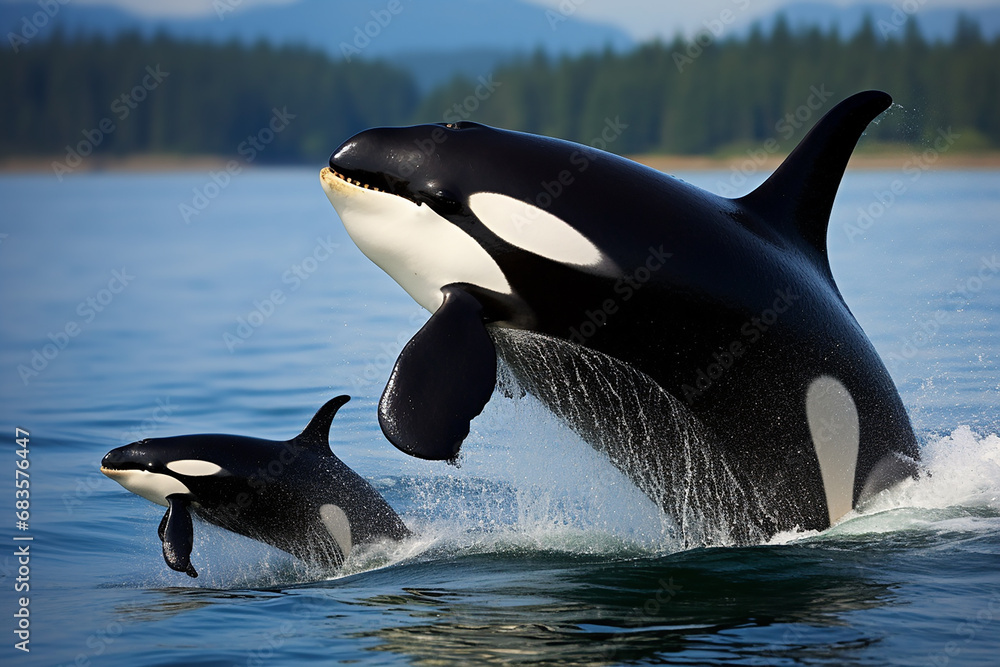 Female Killer Whale (Orcinus Orca) with Calf Breaching - Created with ...