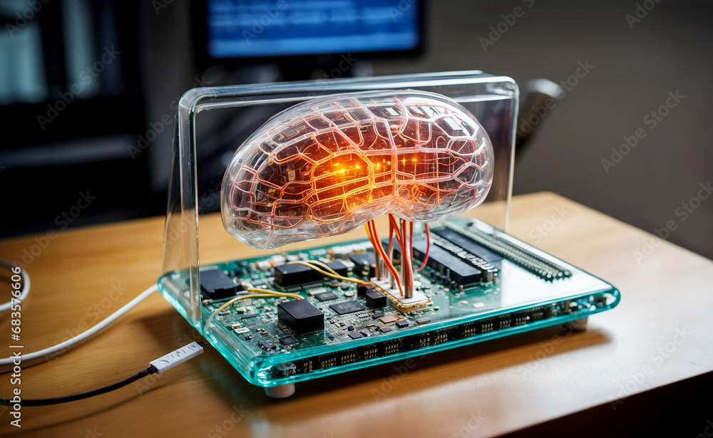 Hybrid AI processor connected to a human brain inside a clear glass jar; hybrid computer; hybrid ...