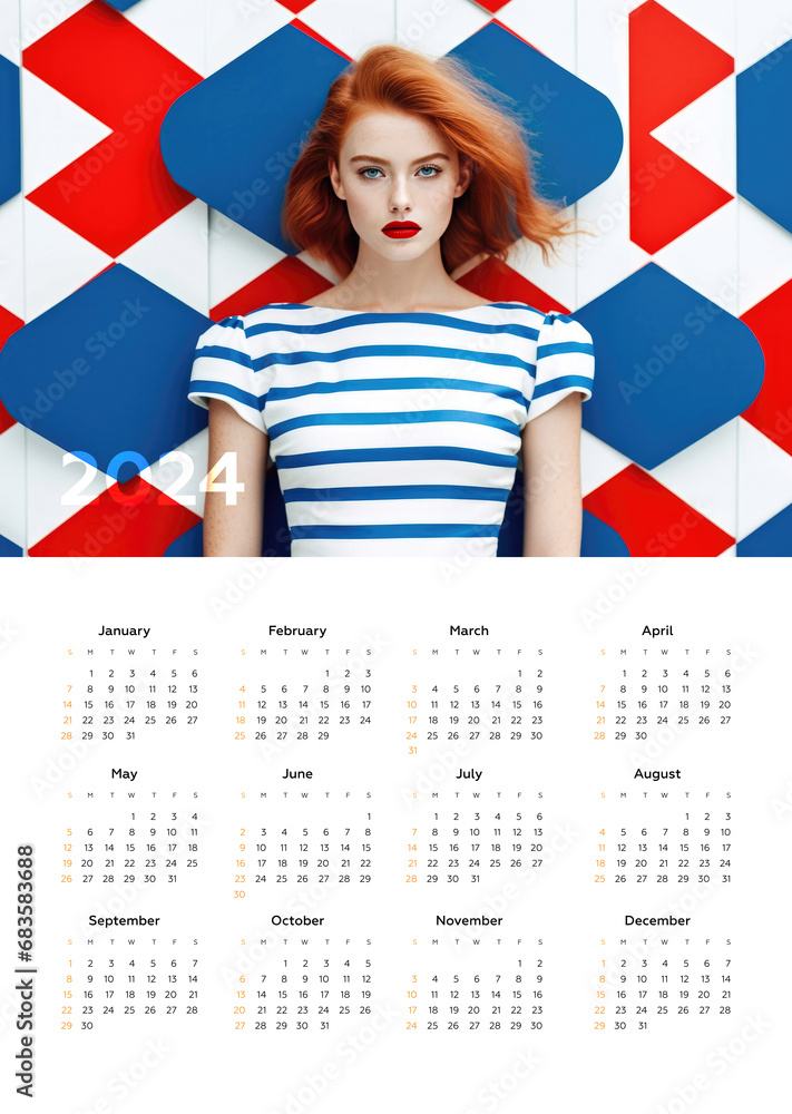 Vertical A2 printable Calendar 2024 with monthly grid. One young white ...