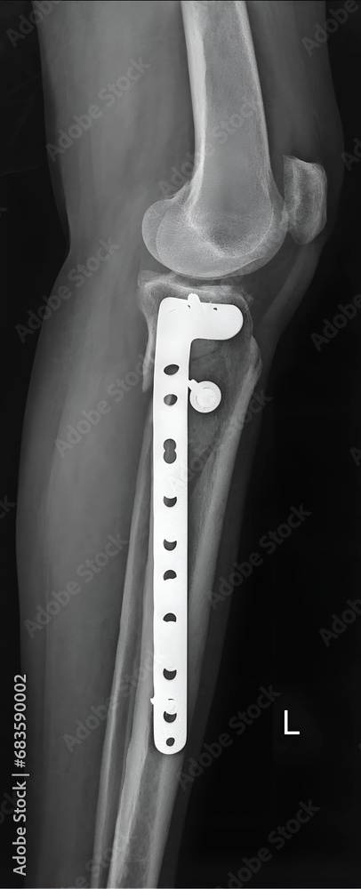 X-ray image showing tibia and fibula fracture fixation with a plate and ...