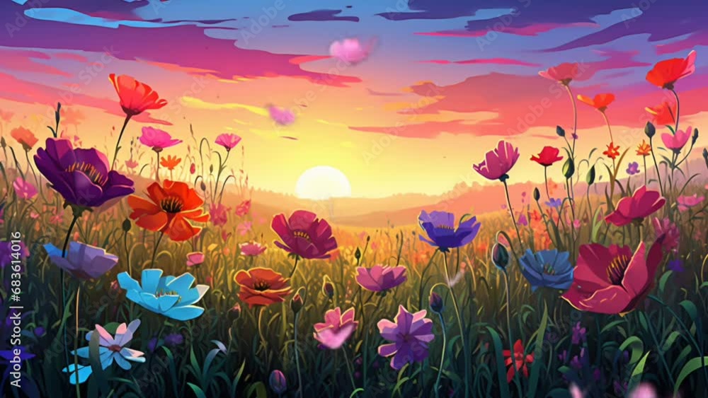 Vidéo Stock Sundown over flower fields landscape with butterfly. anime ...