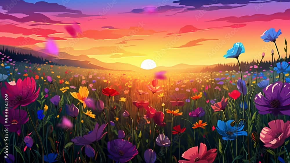 Sundown over flower fields landscape with butterfly. anime or cartoon ...