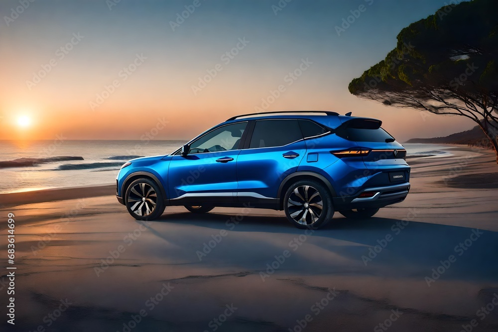 Blue compact SUV car with sport and modern design parked on concrete ...