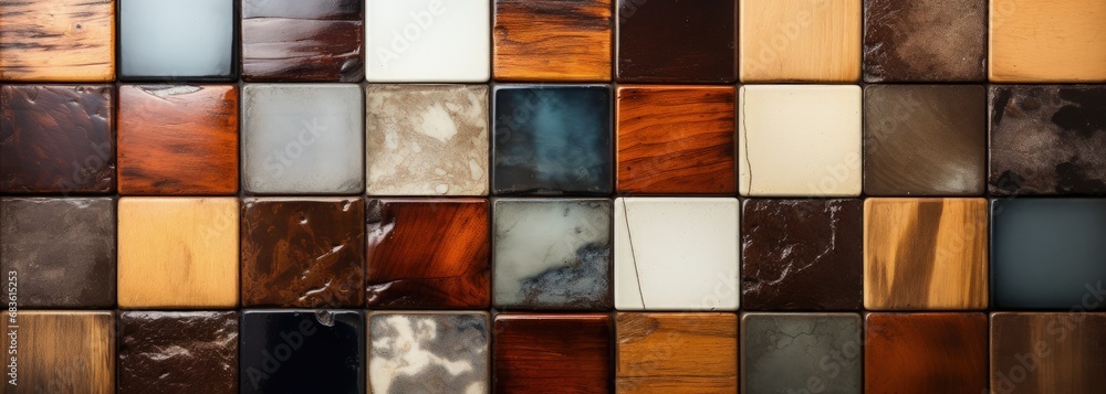 Colorful and Textured Square Tile Wall with Wood Grain Finish Stock ...