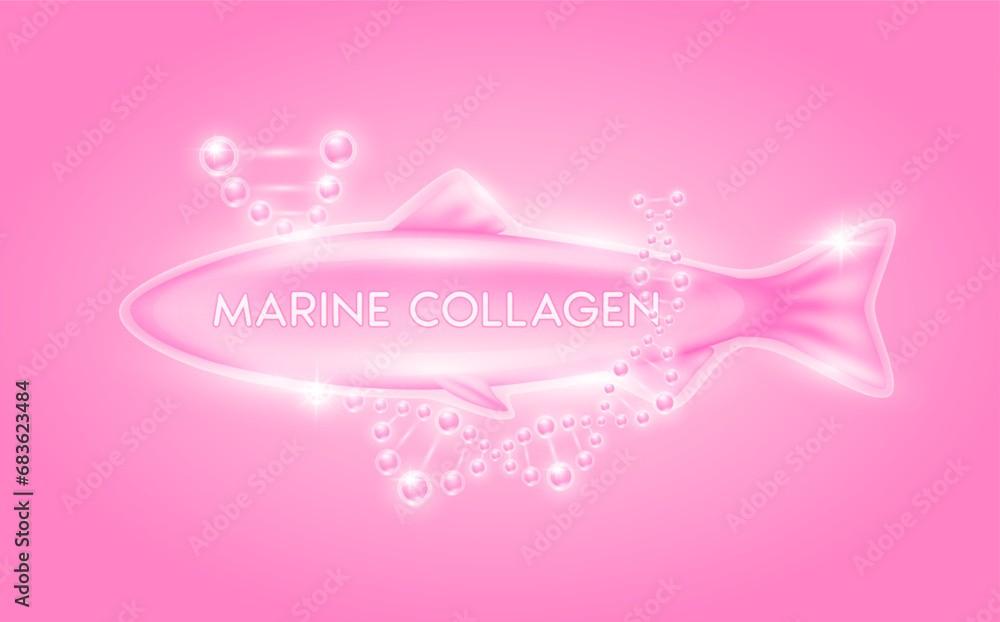 Pink marine collagen solution surround with DNA molecular. Oil omega ...