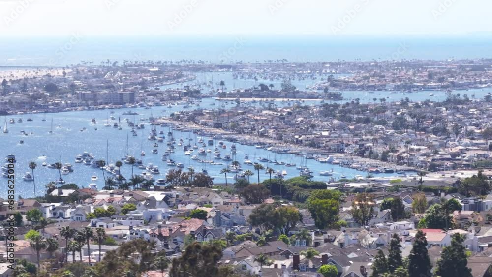 Panoramic view of residential houses and marina of Balboa Island ...
