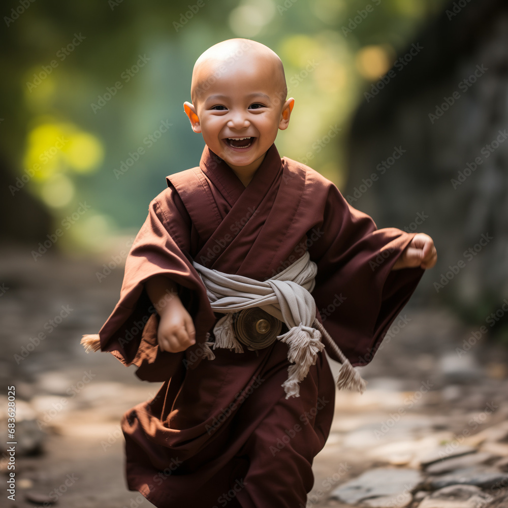 Adorable Male Monk Cub Playfully Dashing on the Road, Sporting Blue ...