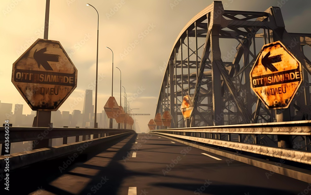 traffic signs, stop signs on the road in front of the bridge ...