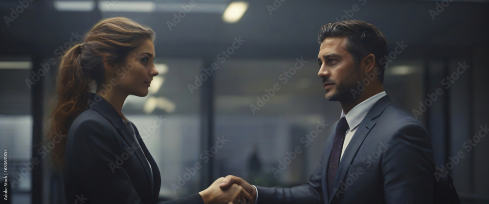 a man and women shaking hands after an interview, both wearing suits in ...