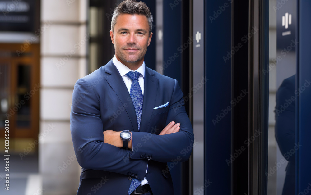 40 years old investment banker in front of a banking office entry in ...