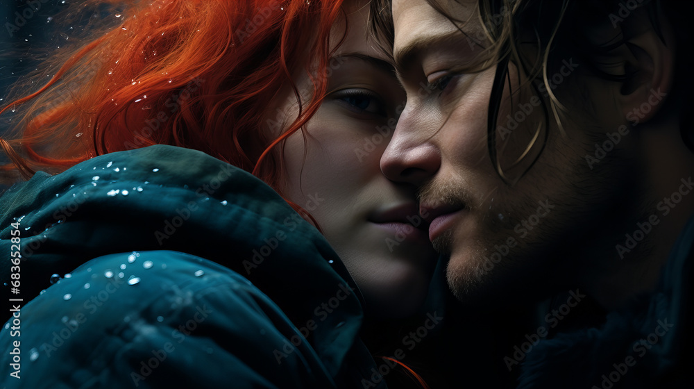 Couple kissing, romantic hugs in cold winter , Sunshine of the spotless ...