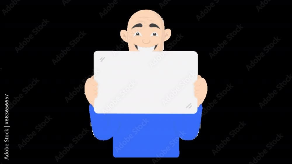 2d animation, bald man holding blank board, transparent background ...