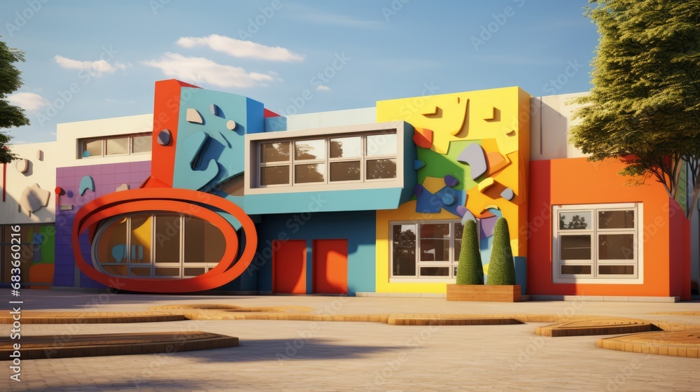 Colorful Preschool Building Exterior with Playful Educational Murals ...