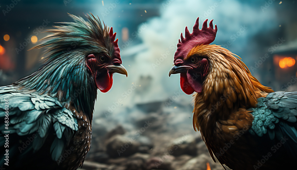 Recreation of two roosters angry facing each other. Artificial ...