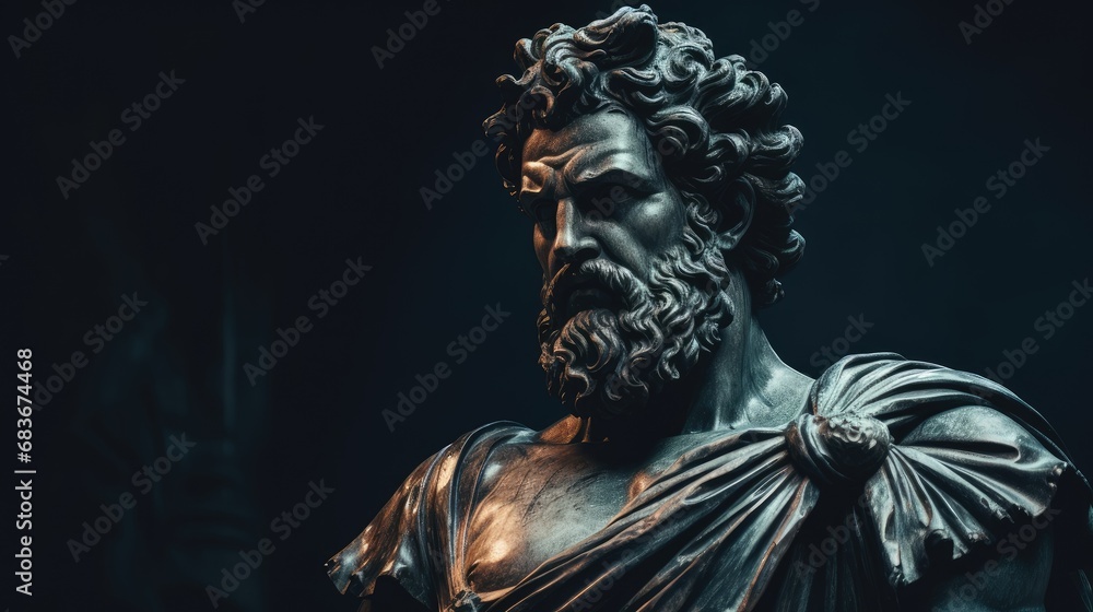 strong stoic greek or roman male statue with a semidark background ...