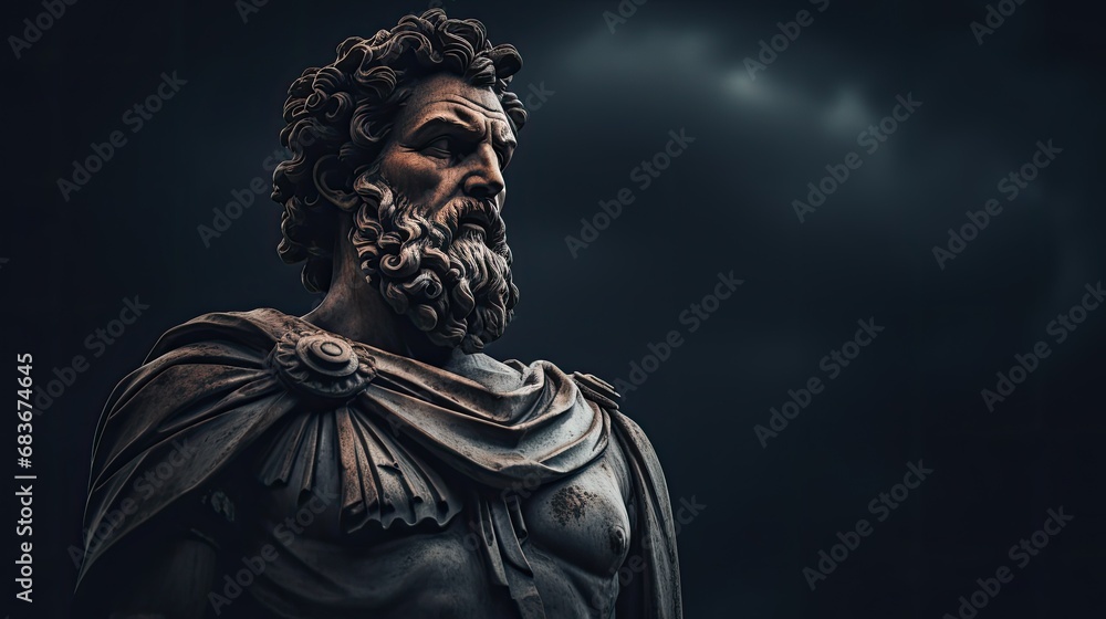 strong stoic greek or roman male statue with a semidark background ...