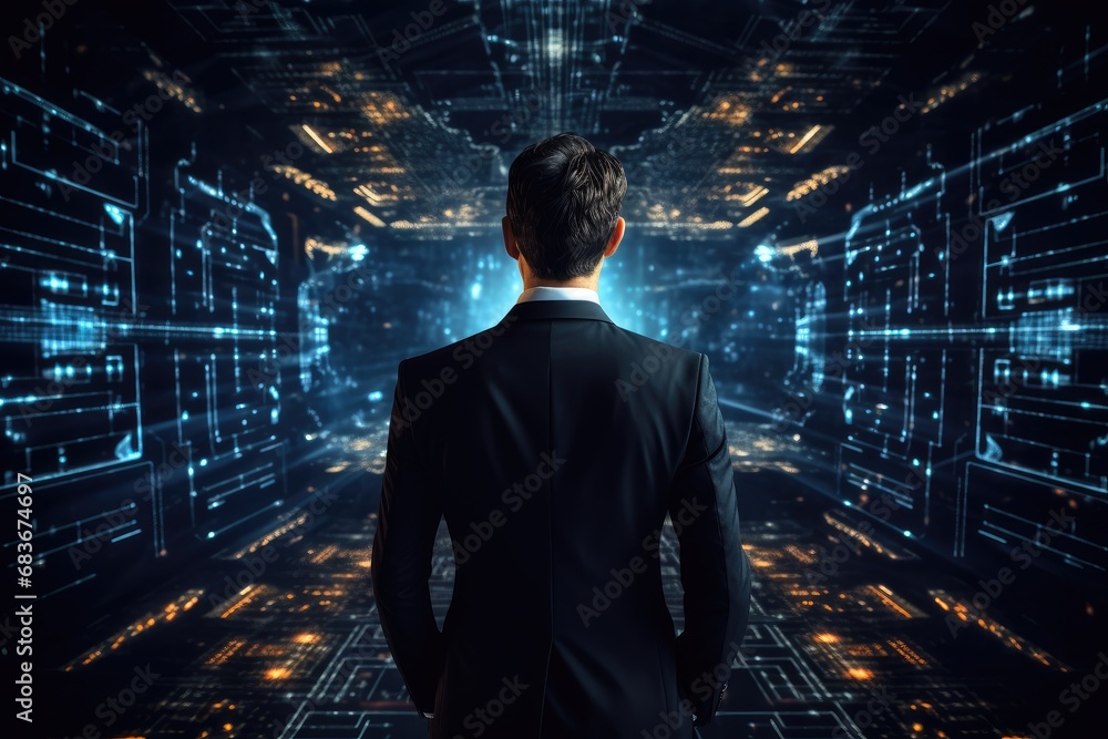 Back view of young businessman standing with back and looking at ...