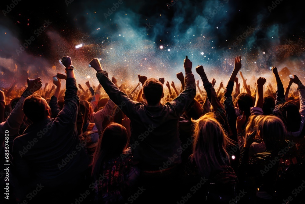 Crowd cheering at a live music concert with hands raised up in the air ...