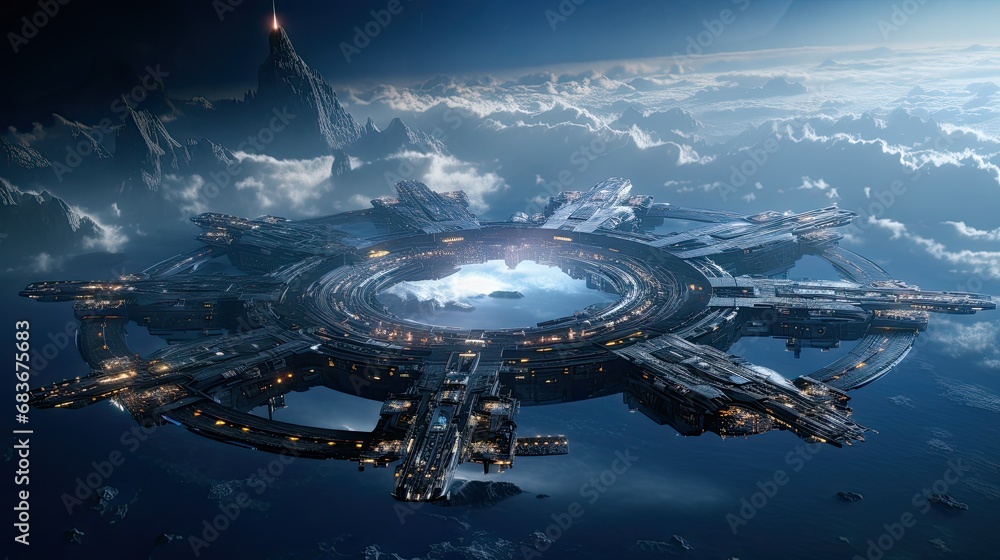 Massive mothership with multiple docking ports orbiting Stock Photo ...