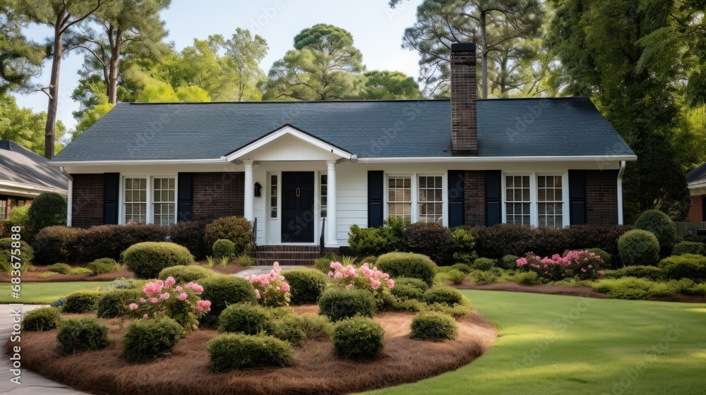 Colonial style brick family house exterior with black roof tiles ...