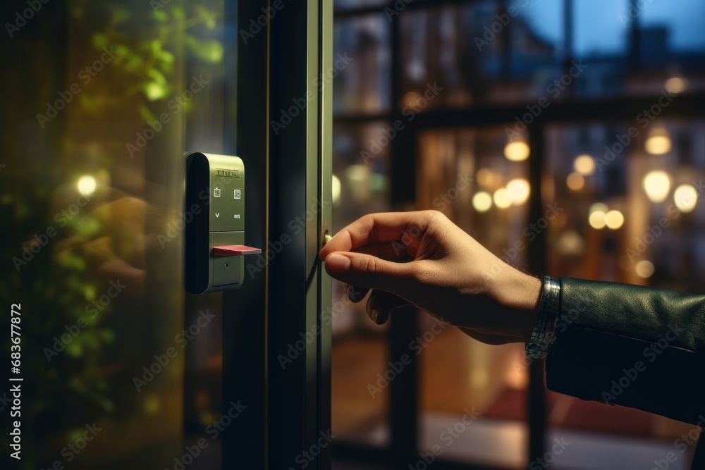 Hand using electronic smart contactless key card for unlock door in ...