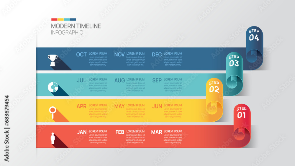 Business step timeline infographic paper roll template. Modern ...