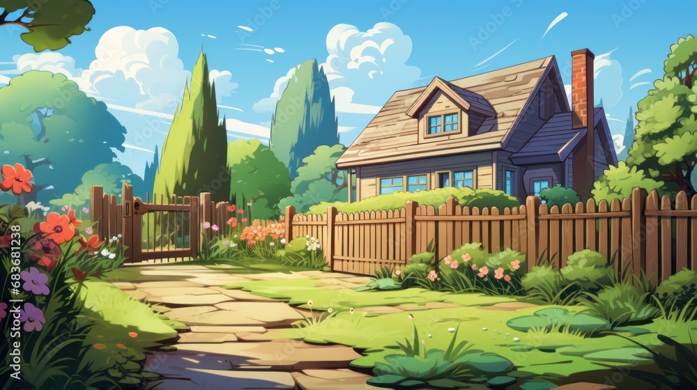 House/ Cartoon house illustration in spring or summer With backyard and ...