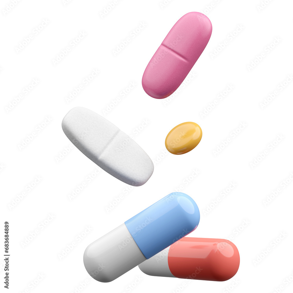 Various Capsule and tablet medicine falling to ground isolated white ...