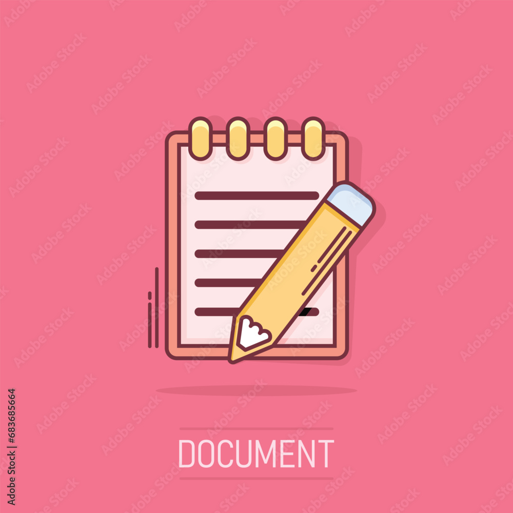 Vector cartoon document with pencil icon in comic style. Note with pen ...