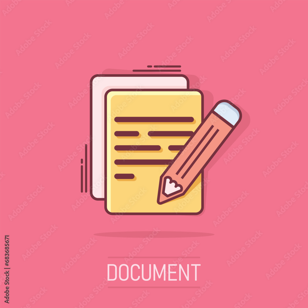 Vector cartoon document with pencil icon in comic style. Note with pen ...