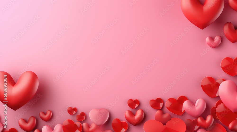 Pink background surrounded by 3D hearts of different sizes in red and ...