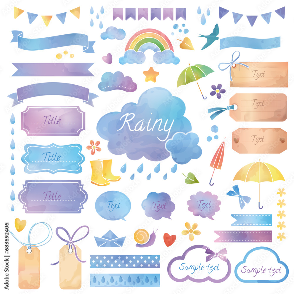 Watercolor borders. Rain season memo notepad elements. Seasonal flowers ...