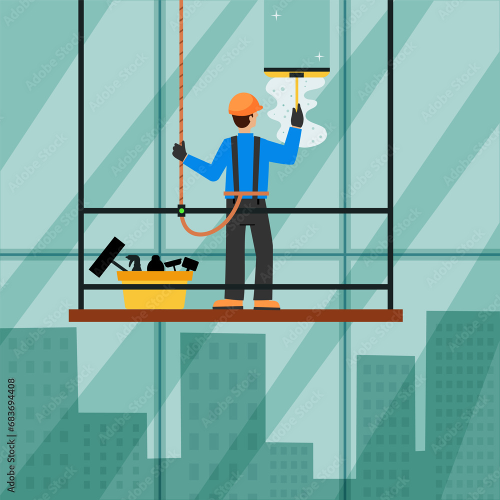 Person cleaning windows skyscrapers with cleaning tools. Man in uniform ...