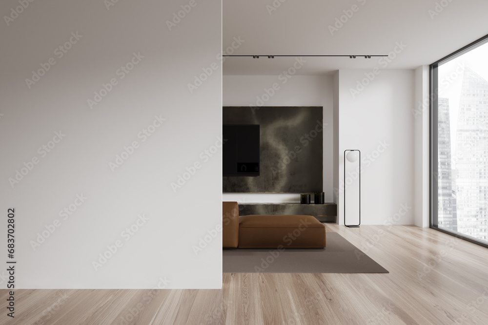 Stylish living room interior with couch and tv screen, window and mock ...
