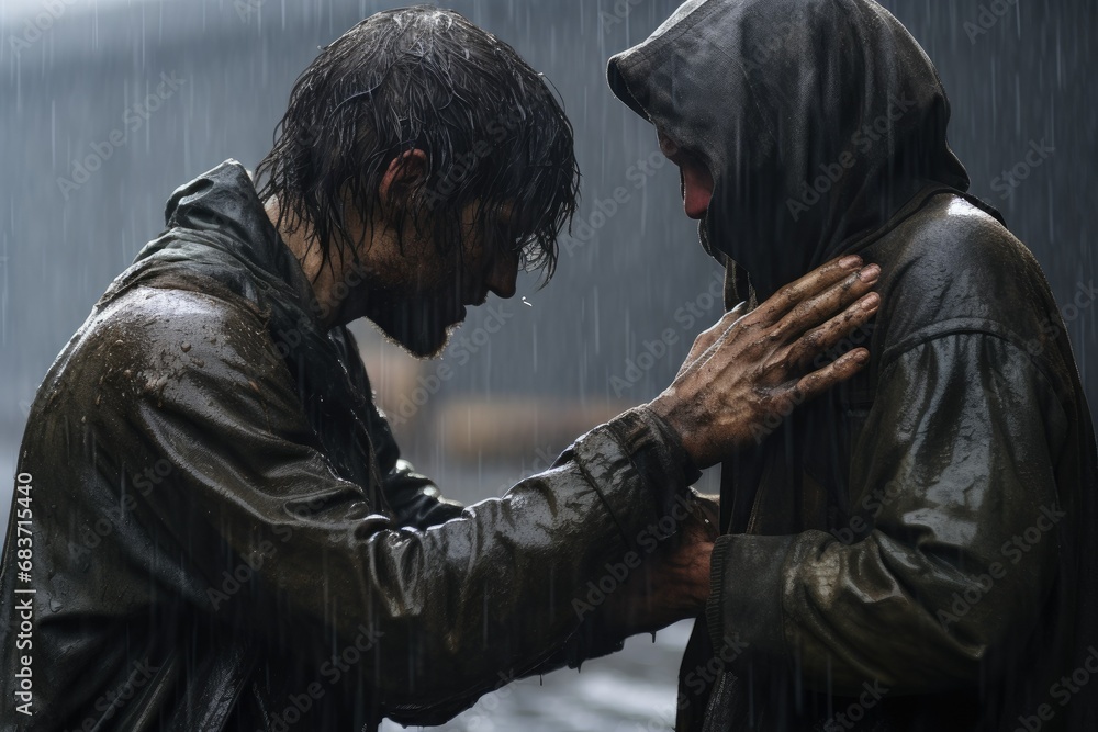 Homeless man in tattered clothing, face weathered by despair. Pouring ...