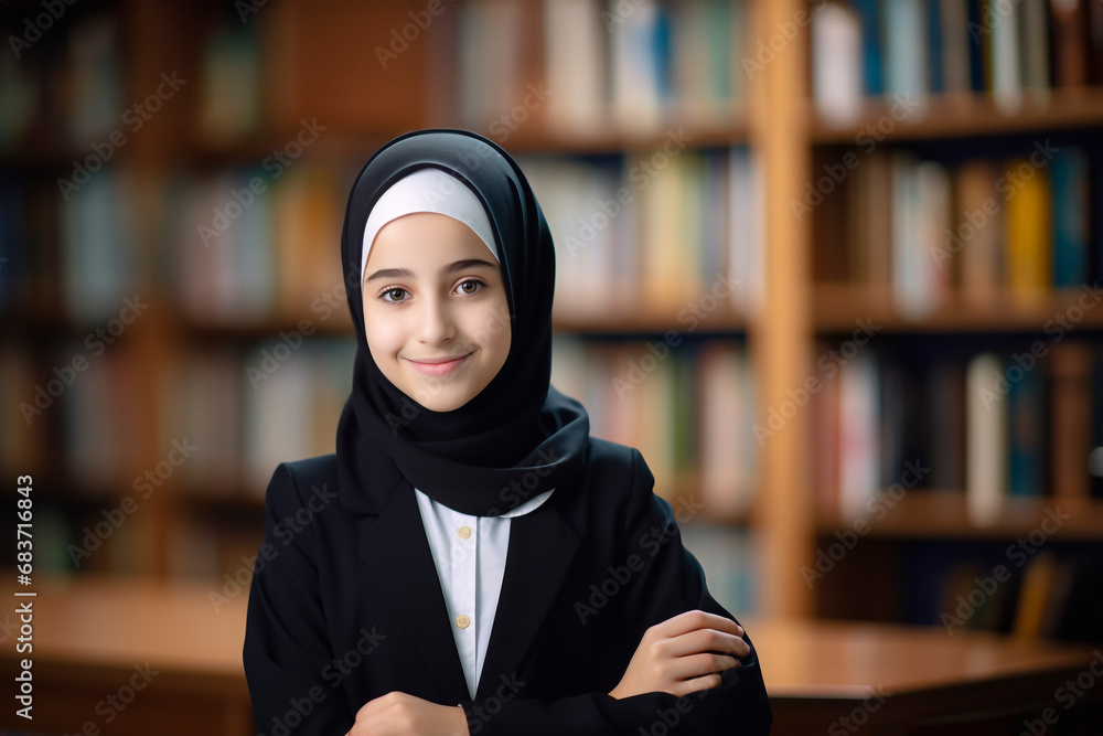 A schoolgirl in a hijab with a book. Muslim schoolchildren, adaptation ...