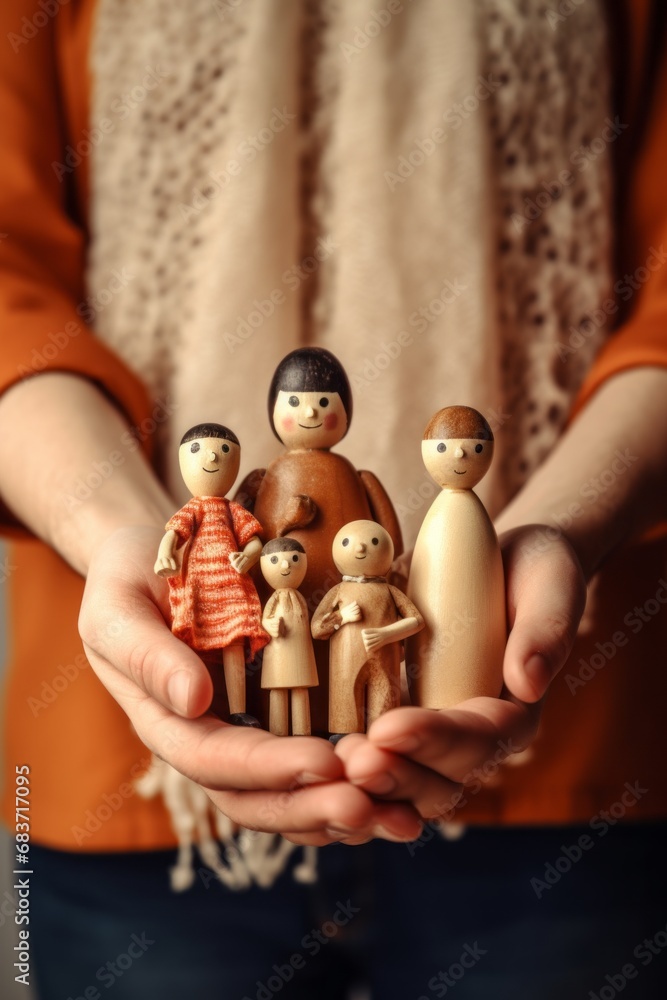 Family bonding through play: Miniature doll toy family cradled in human ...