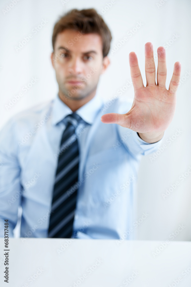 Businessman, hands and stop for wait, no or halt in gesture, protest or ...