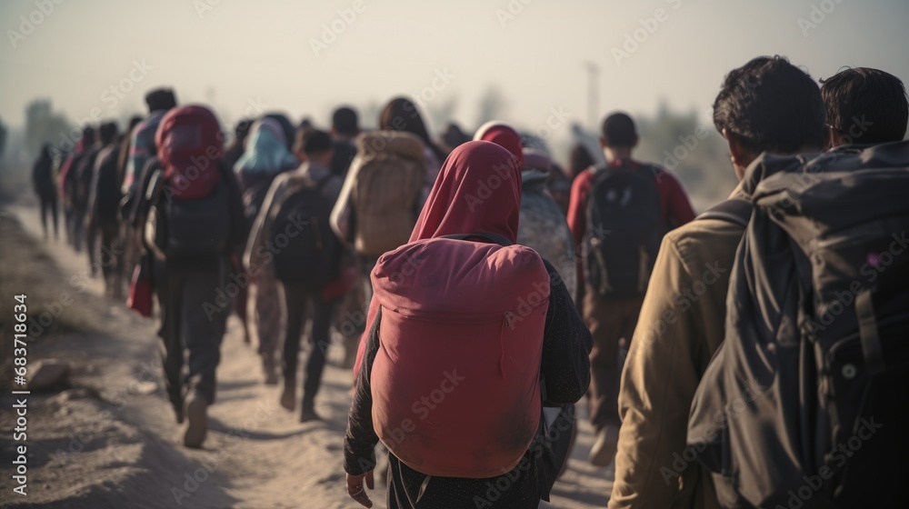 Group of refugees standing in a barren landscape, wearing backpacks ...