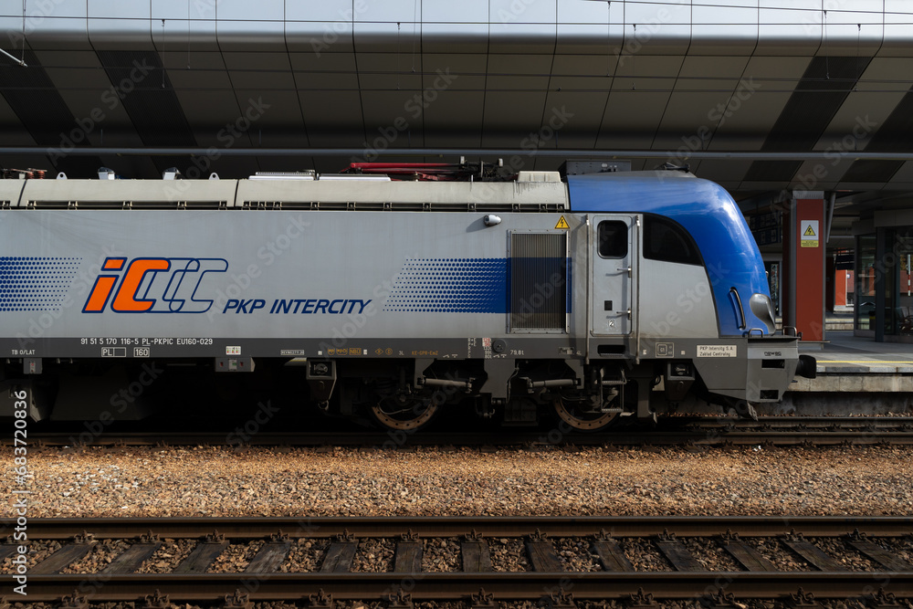 Newag Griffin EU160 electric locomotive with PKP Intercity logo sign. Polish state railways long ...