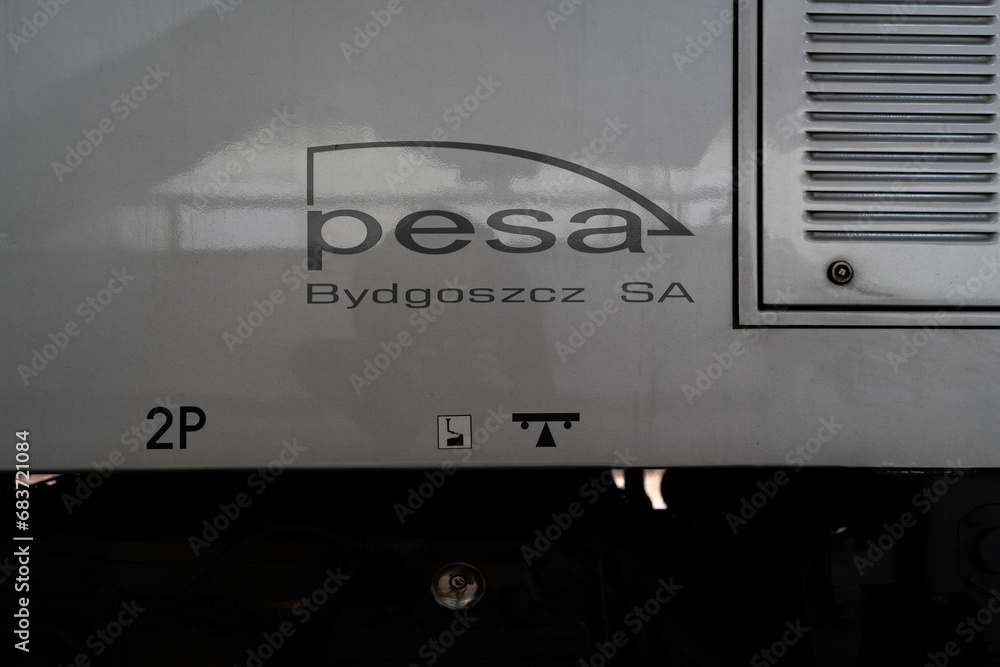 Pesa Bydgoszcz logo sign on the train. Pojazdy Szynowe PESA Bydgoszcz S ...