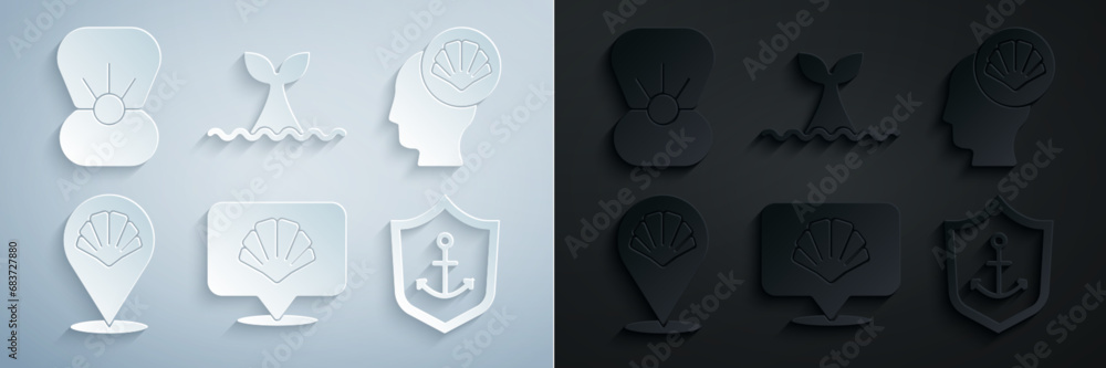 Set Scallop sea shell, Anchor inside shield, Whale tail ocean wave and ...