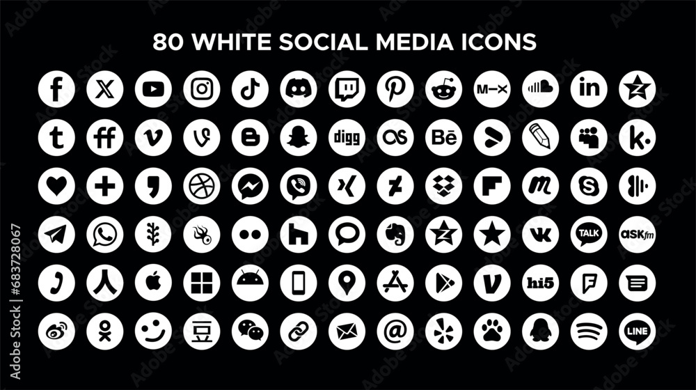 90 white round social media icons - complete vector icon set ready to ...