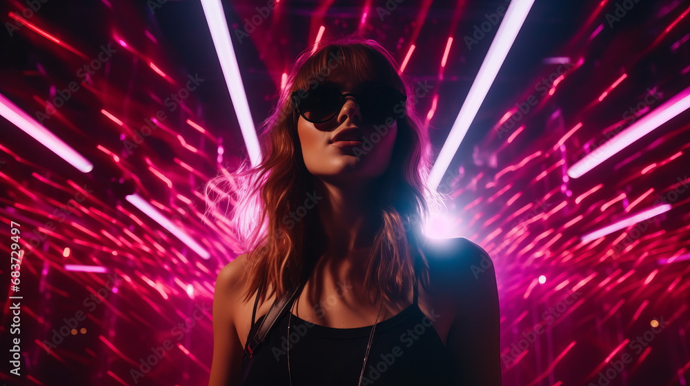 Portrait of a happy girl in a night club with purple and pink spotlight ...
