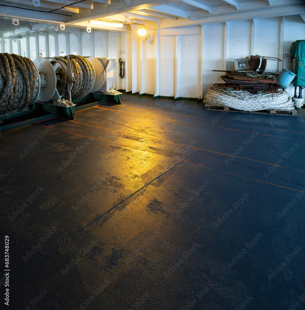 Aft mooring station situated on stern part of container ship behind ...