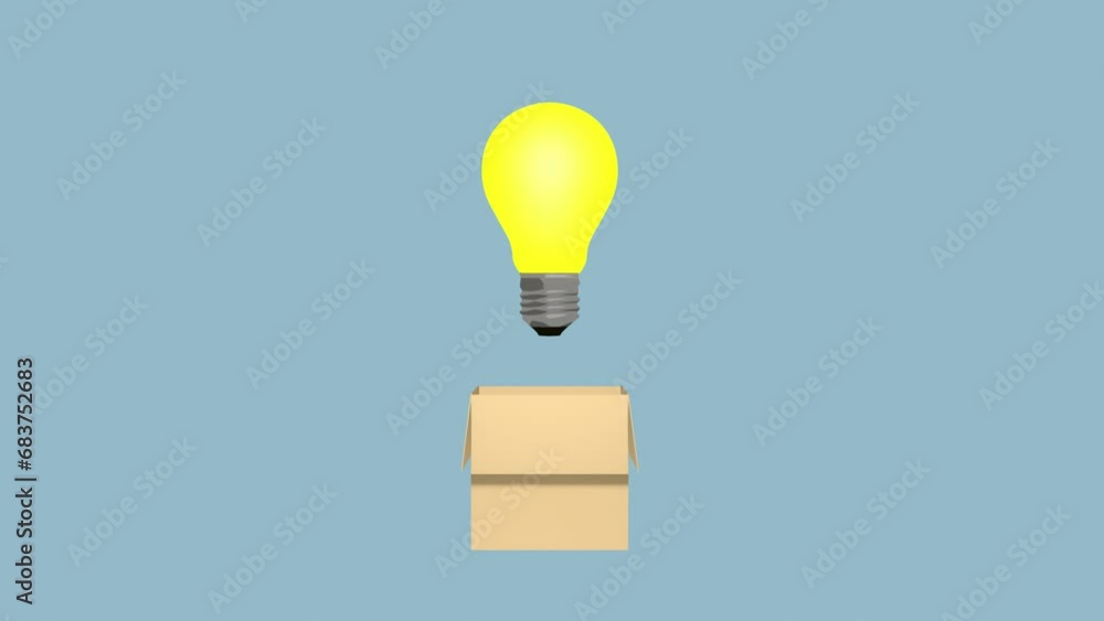 Thinking out of the box 4k animation, lightbulb appears on screen ...