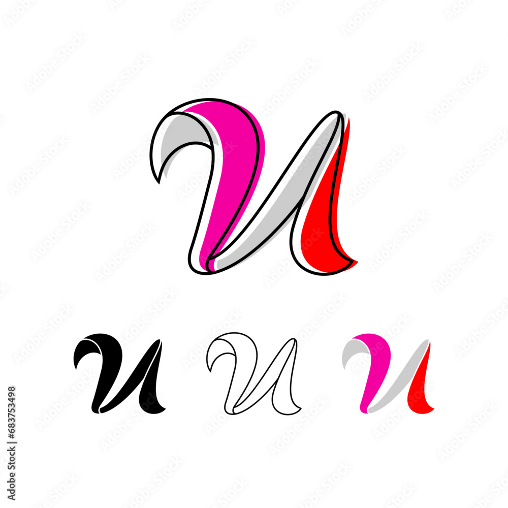 Colorful curvy letter U, handwritten script alphabet, cursive ...
