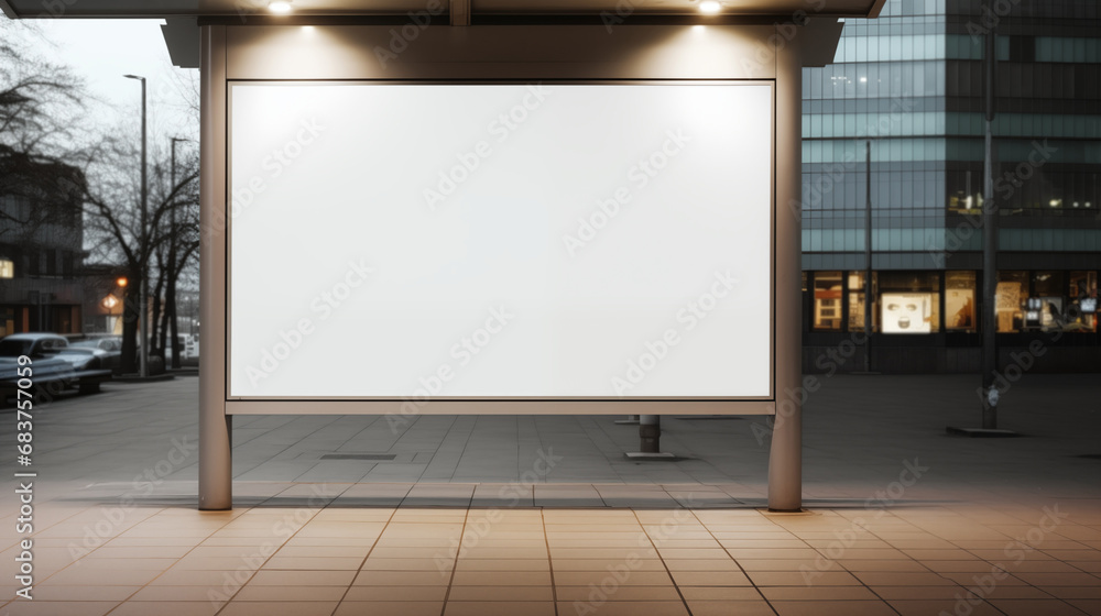 Large blank advertising poster, billboard banner mockup; lush plants ...